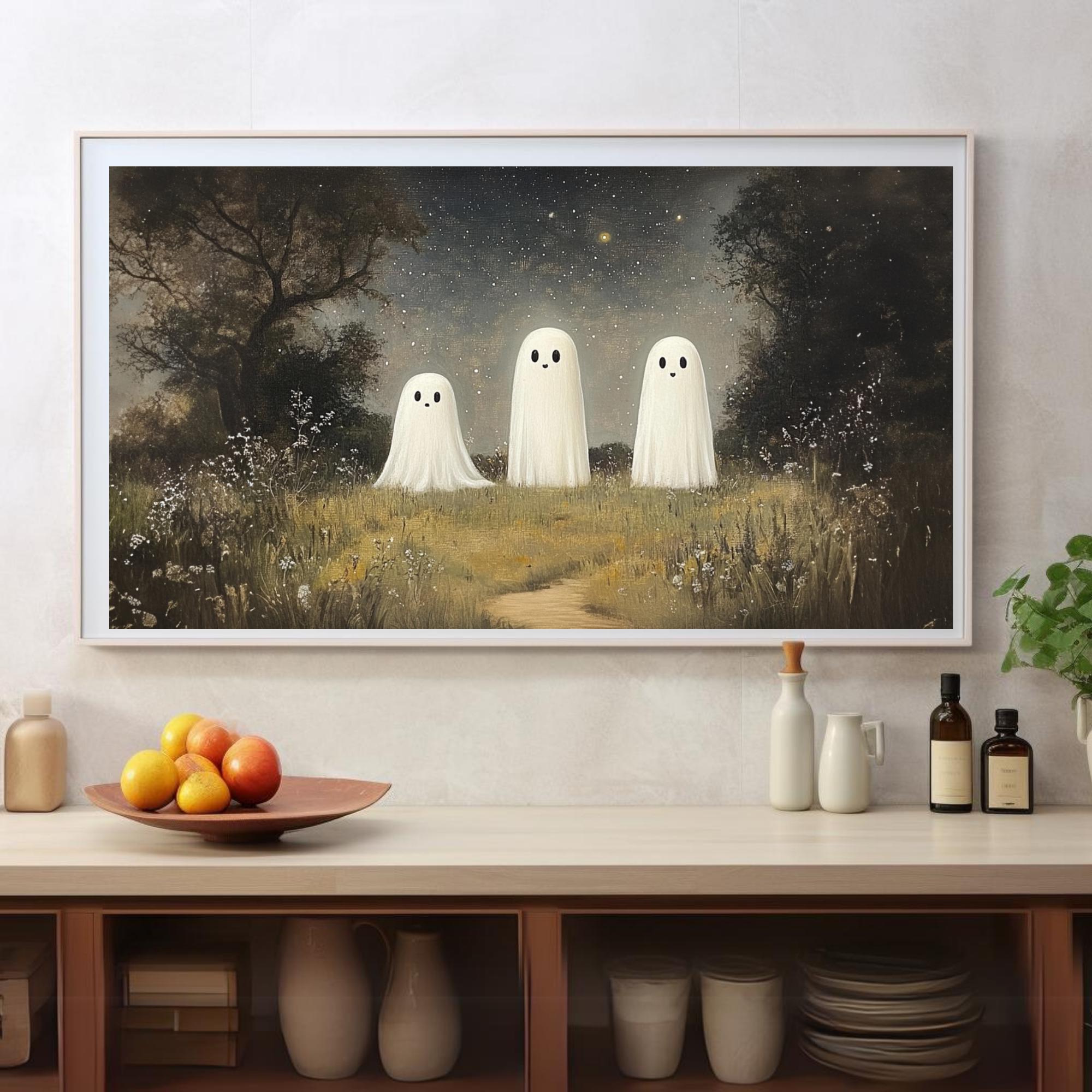 Cute Ghosts Under Starry Night Art for Samsung Frame TV, Whimsical ...