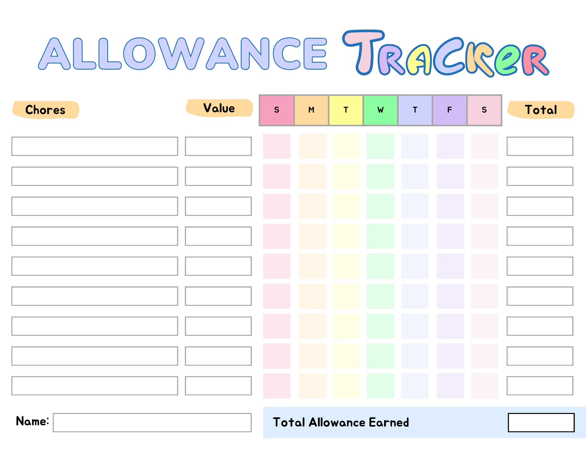Allowance Tracker, Money Reward Chart, Editable Allowance Chart ...