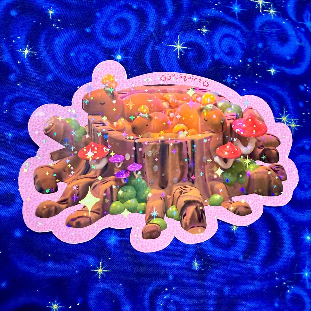 Sparkle Resting Capybara in Tree Log With Mushrooms Holographic ...
