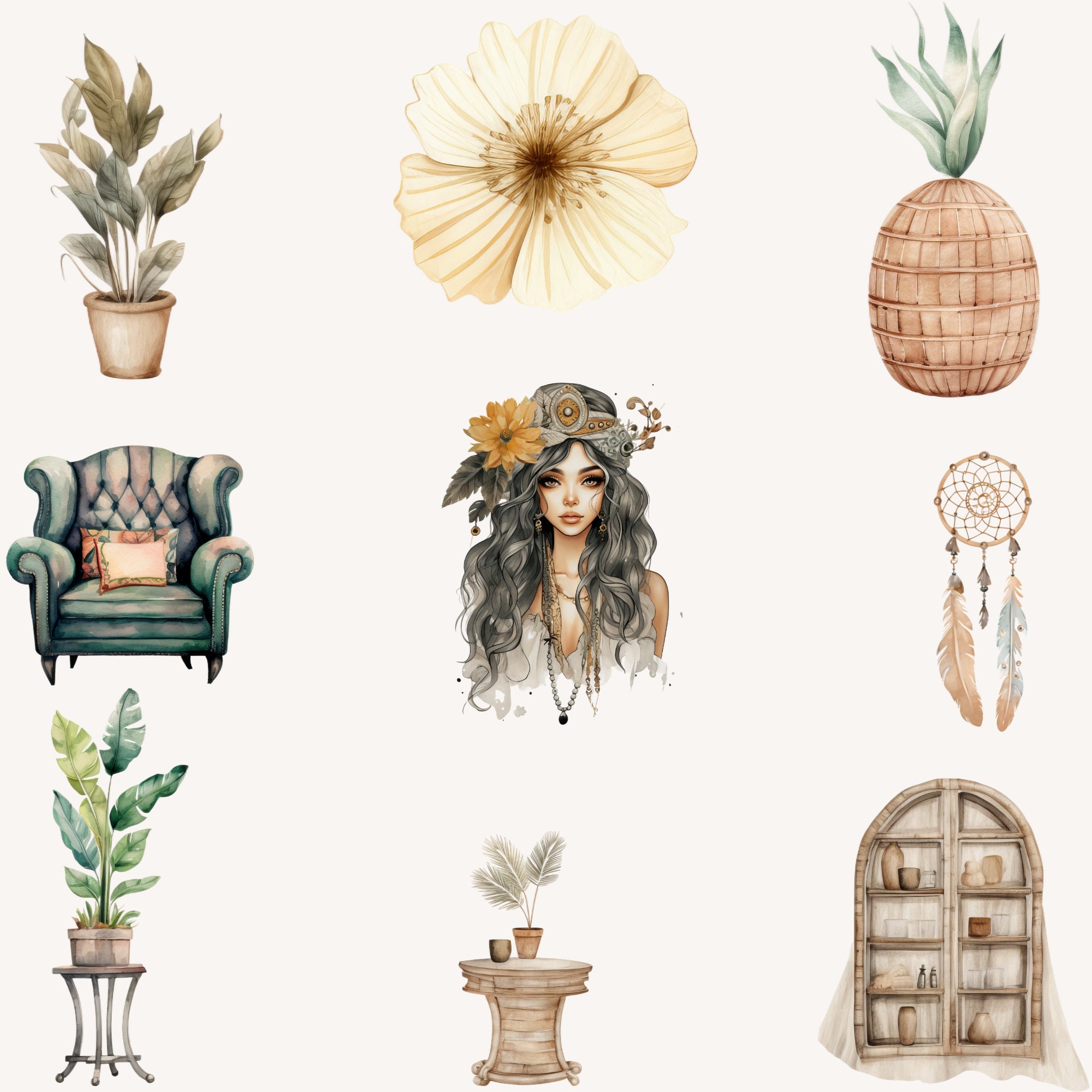 41 Boho Vibes SVG and PNG, Clipart, Watercolour Illustrations, Bohemian ...