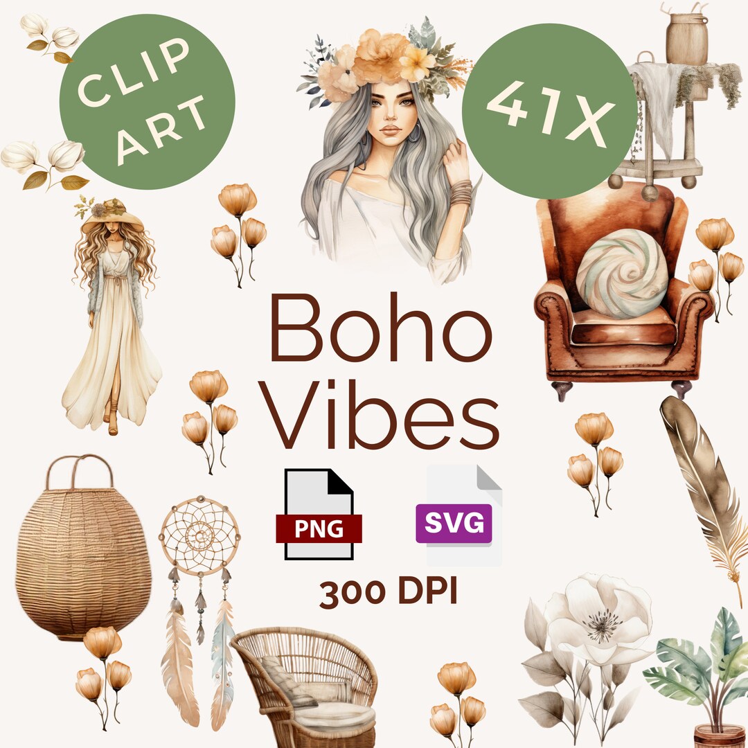 41 Boho Vibes SVG and PNG, Clipart, Watercolour Illustrations, Bohemian ...