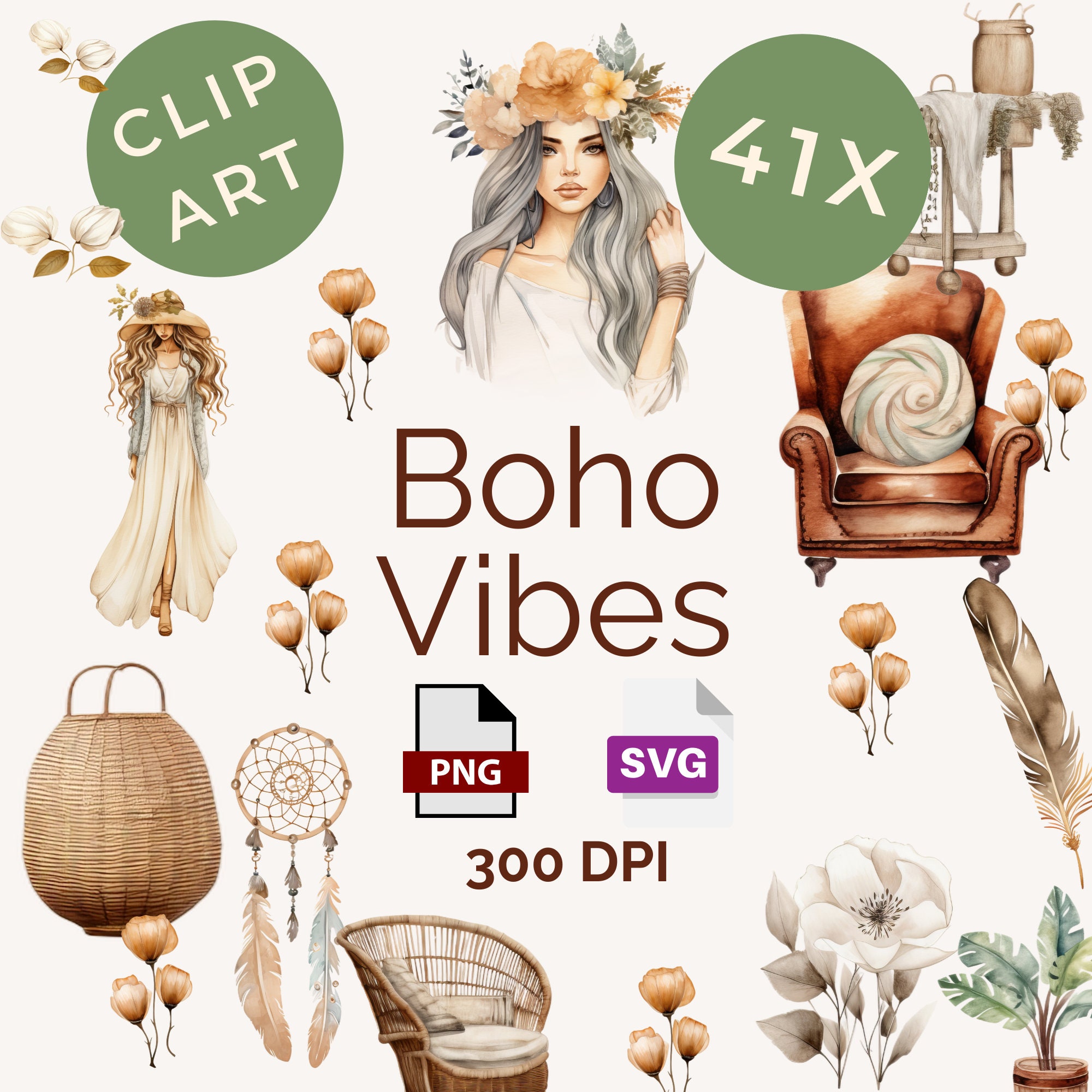 41 Boho Vibes SVG and PNG, Clipart, Watercolour Illustrations, Bohemian ...