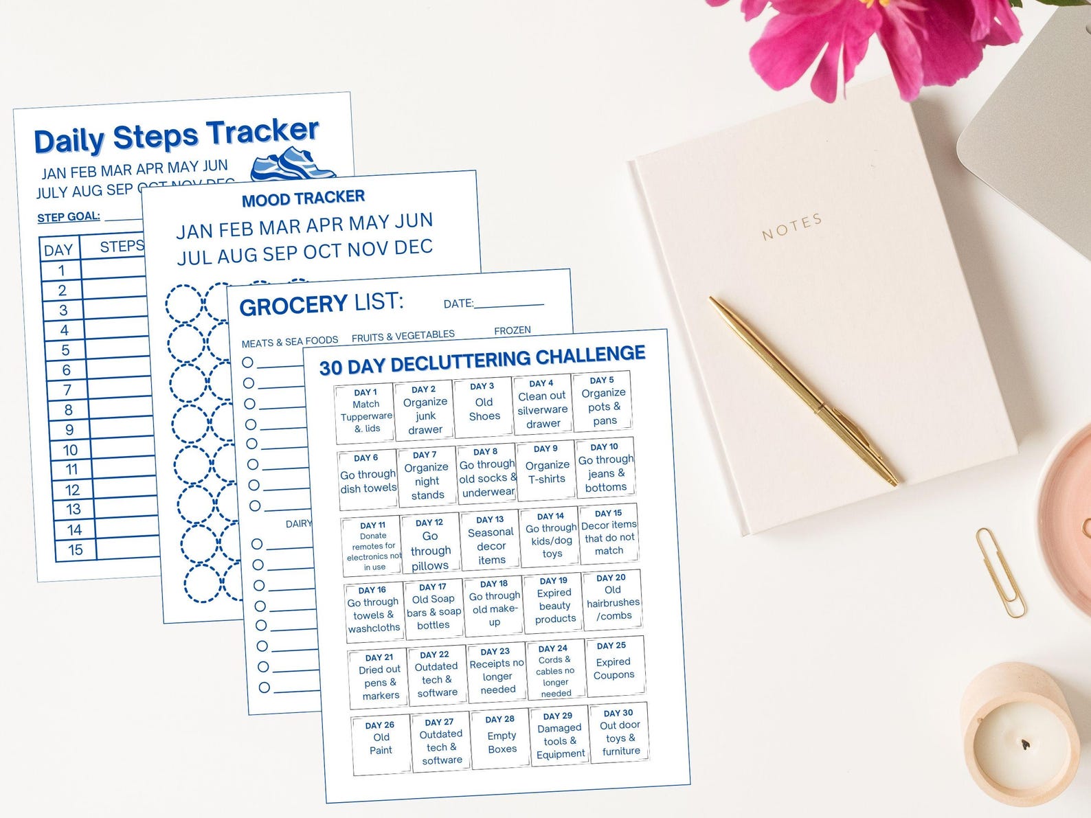 New Year Challenge Printable Bundle: Declutter, Steps, Mood, Grocery ...