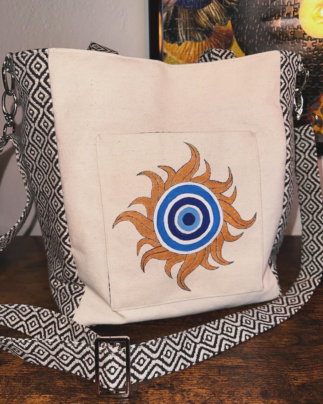 Handmade Fabric Painting Evil Eye Pattern Bag, Handmade Canvas Bag ...