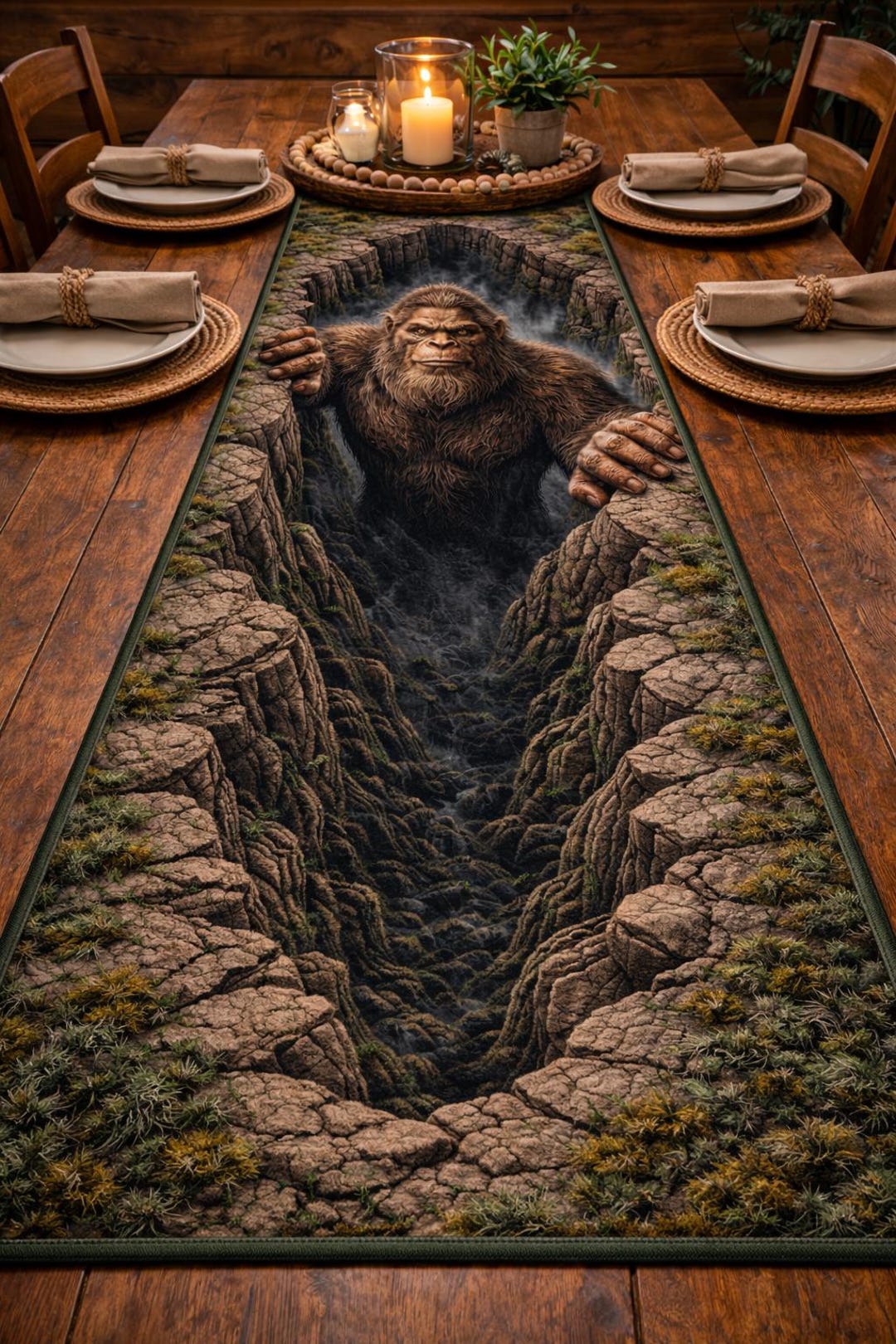 Bigfoot Table Runner, Funny Sasquatch Design, Woolen Cloth Holiday ...