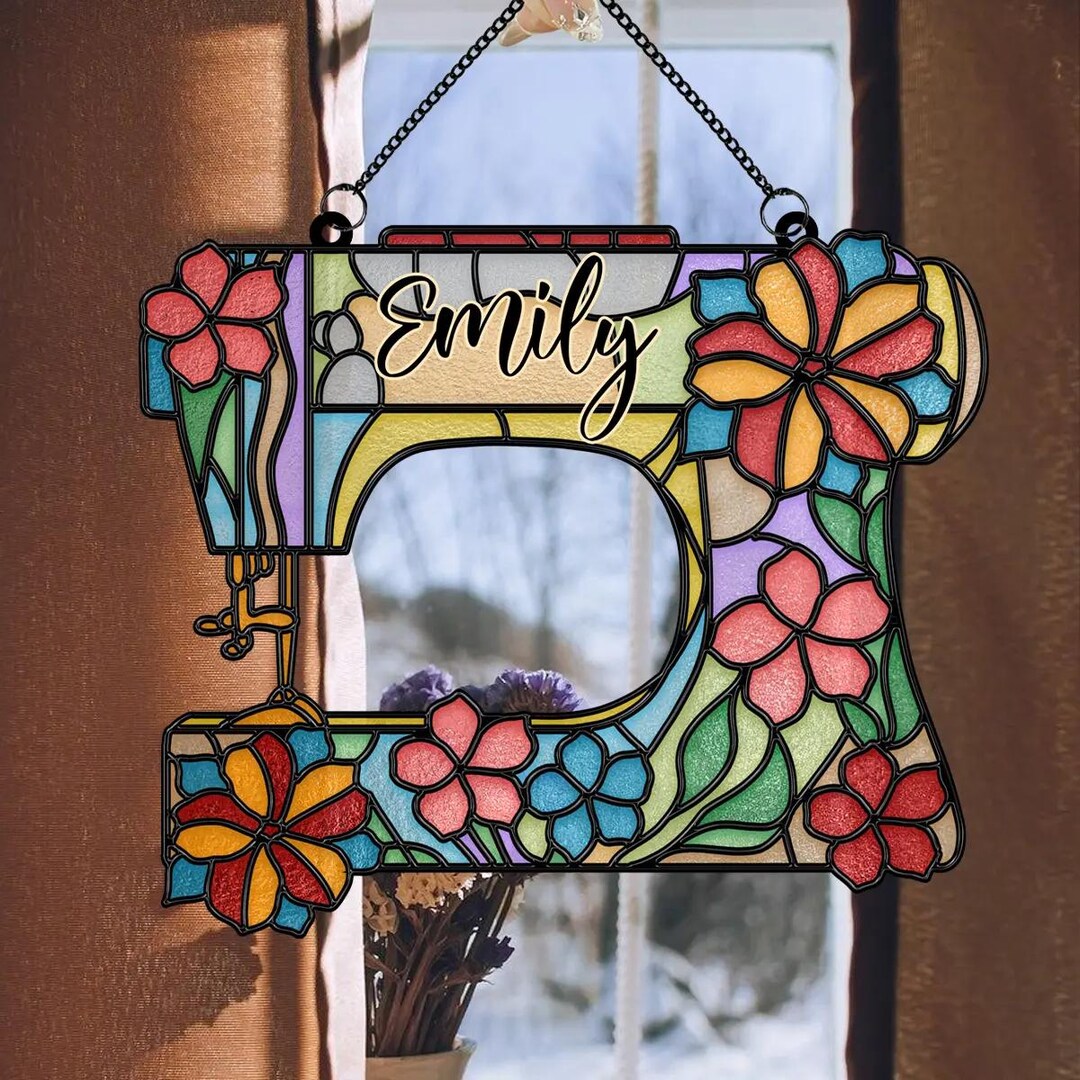 Sewing Machine Suncatcher Ornament, Wild Flower Sewing Machine Window ...