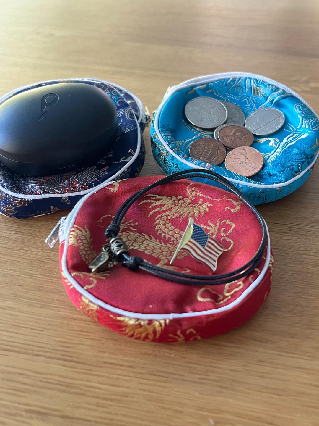 Set of 3 Chinese Silk Jewelry Pouches: Multi-color Round Zipper Bags ...