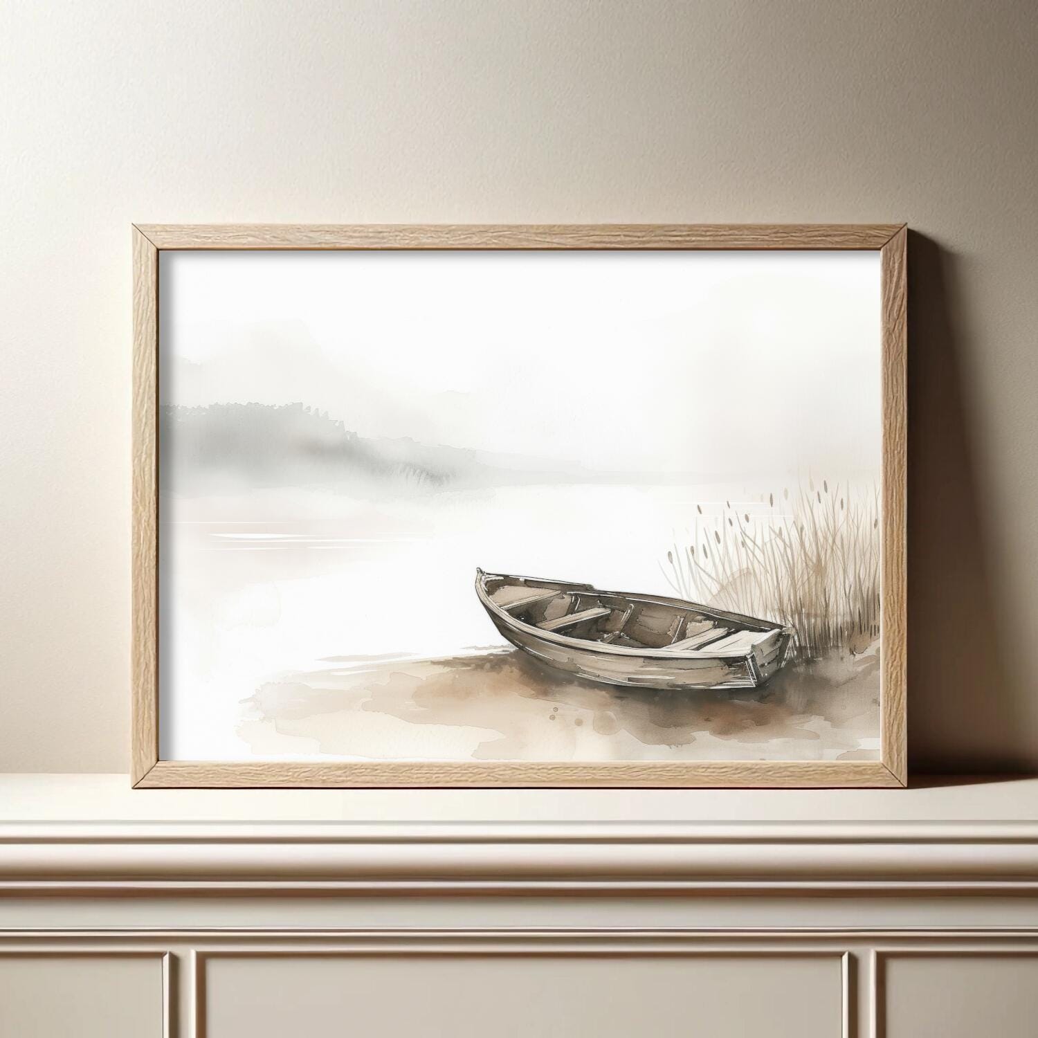 Serene Watercolor Boat Scene: Printable Muted Fishing Vessel Artwork ...