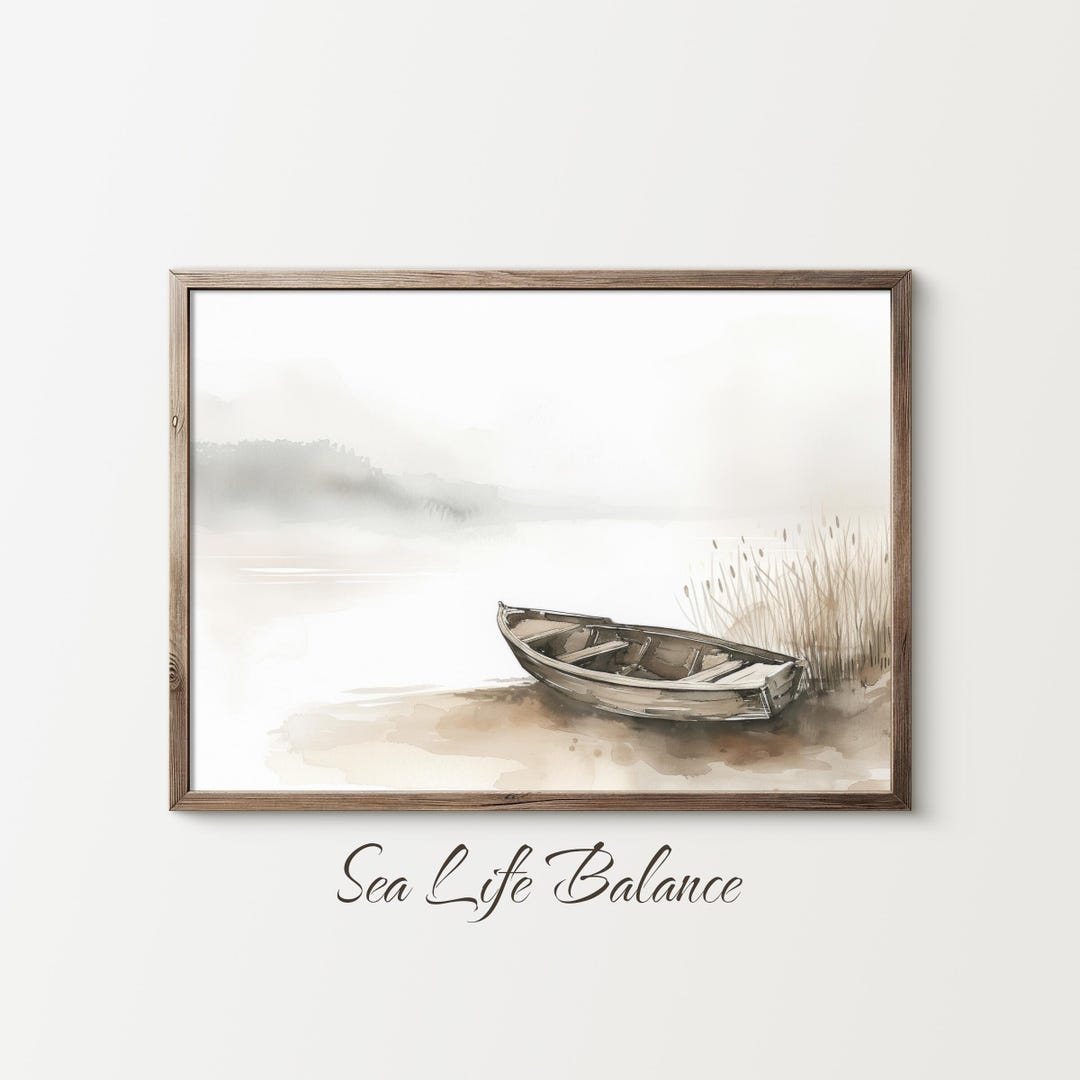 Serene Watercolor Boat Scene: Printable Muted Fishing Vessel Artwork ...