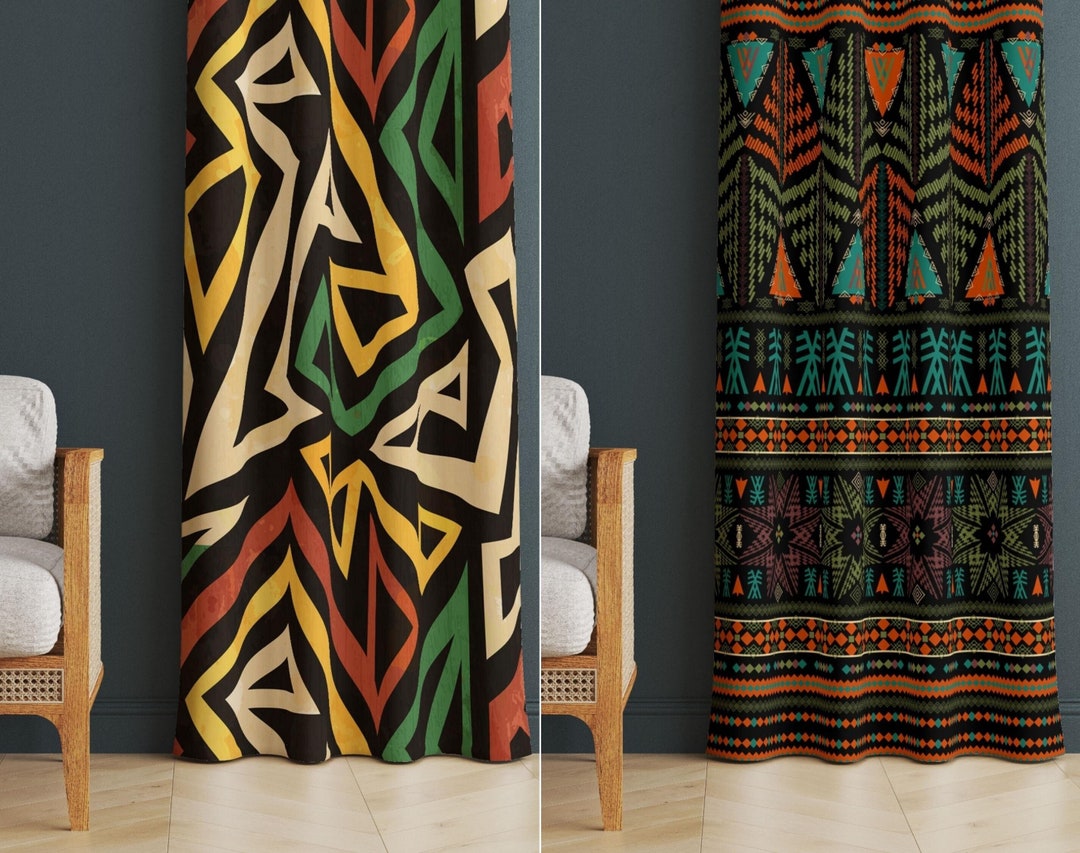 Retro Tribal Window Curtains, Seamless Design Drapes, Traditional ...
