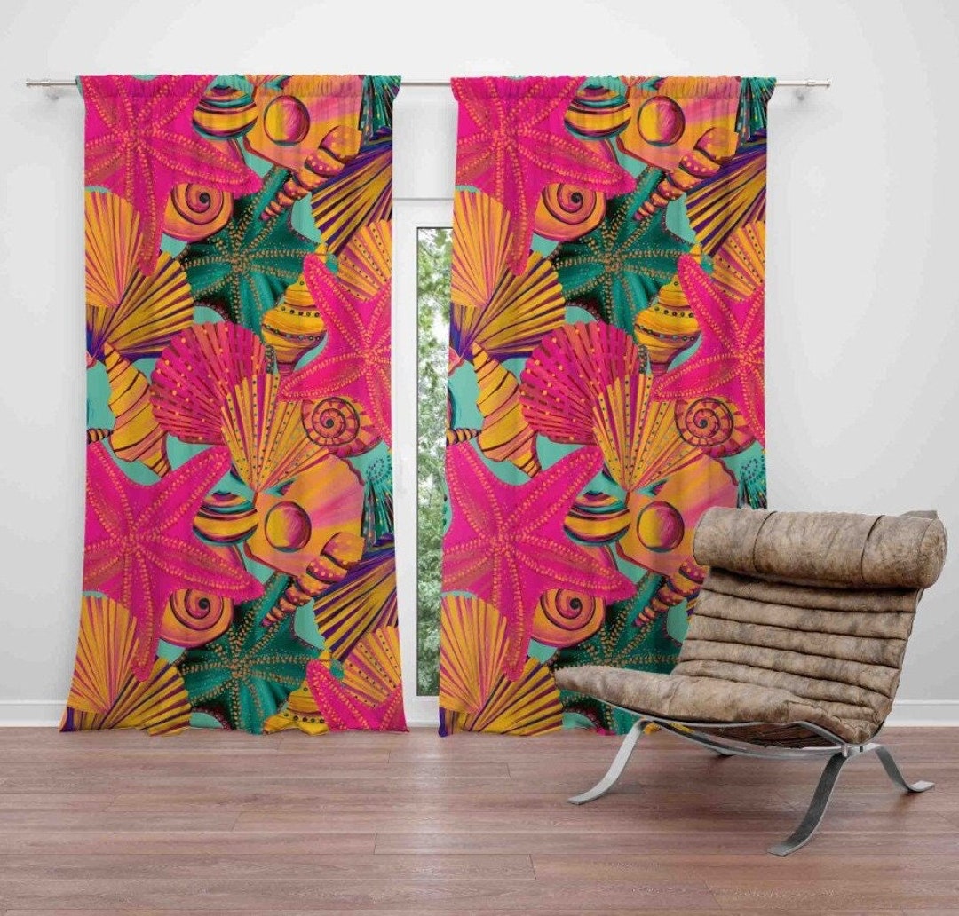Pink Starfish Design Curtain, Sea Shell Style Drapes, Ocean Drapery ...