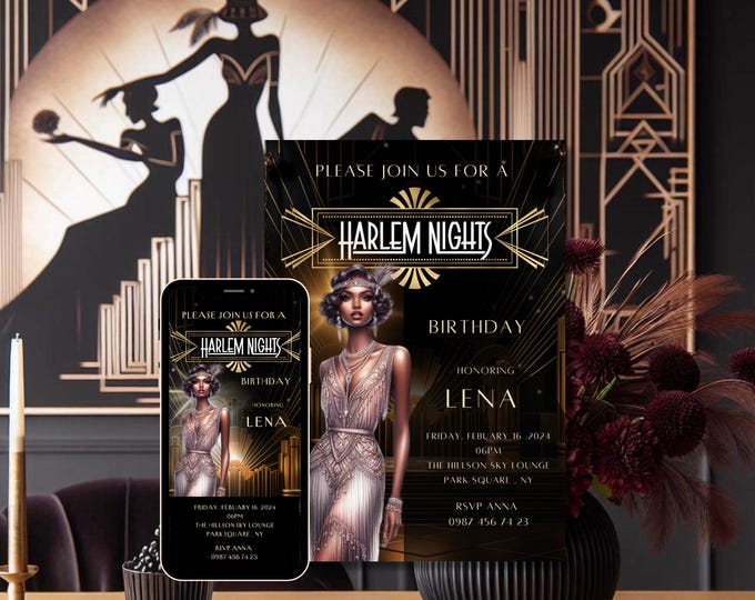 Harlem Nights Birthday Party Invitation, Great Gatsby Style Art Deco ...