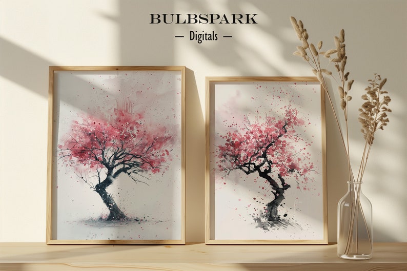 Set of 3 Blossoming Cherry Trees - Minimalist Ink Watercolor - Digital ...