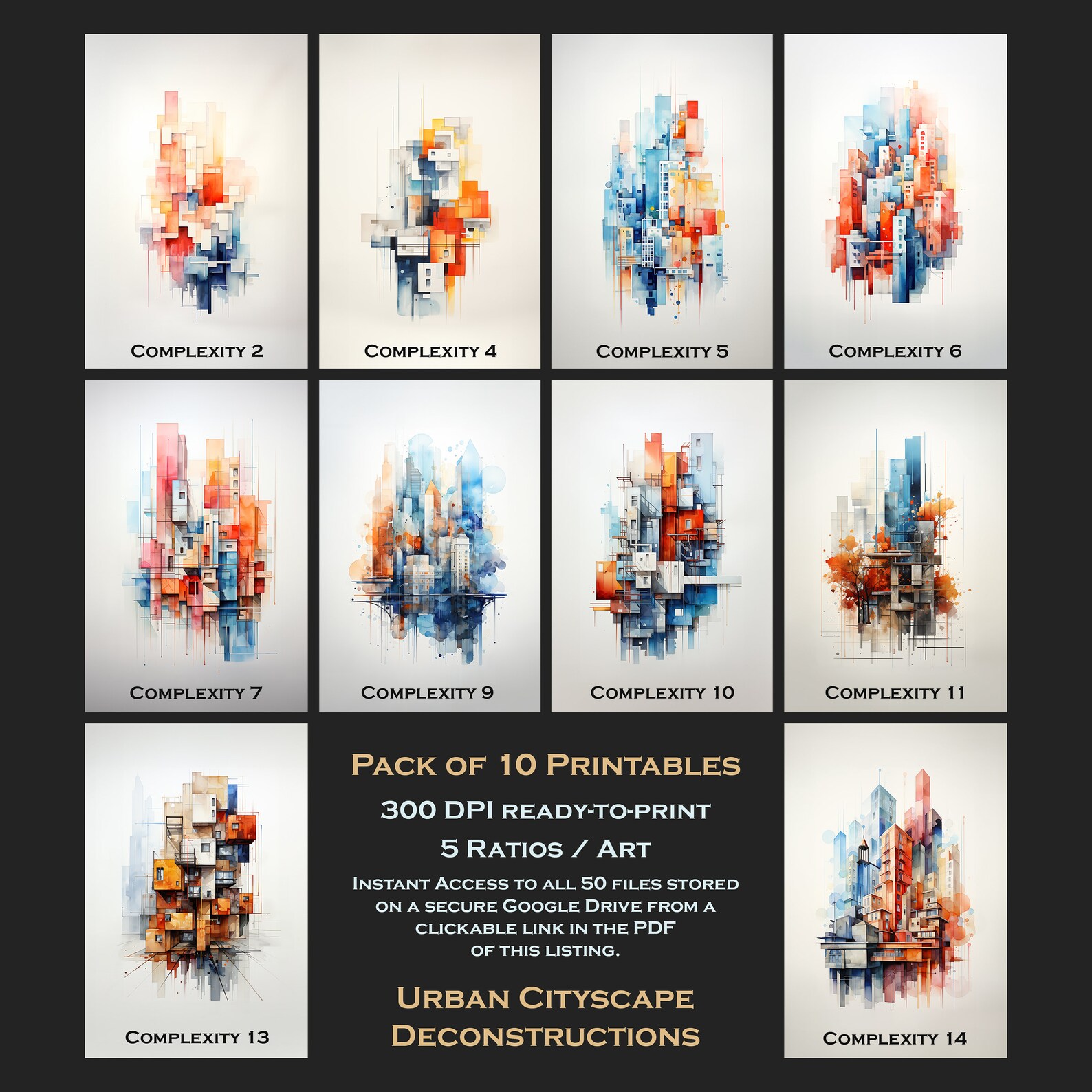 Set of 10 Deconstruct Urban Cityscapes - Abstract Watercolor ...