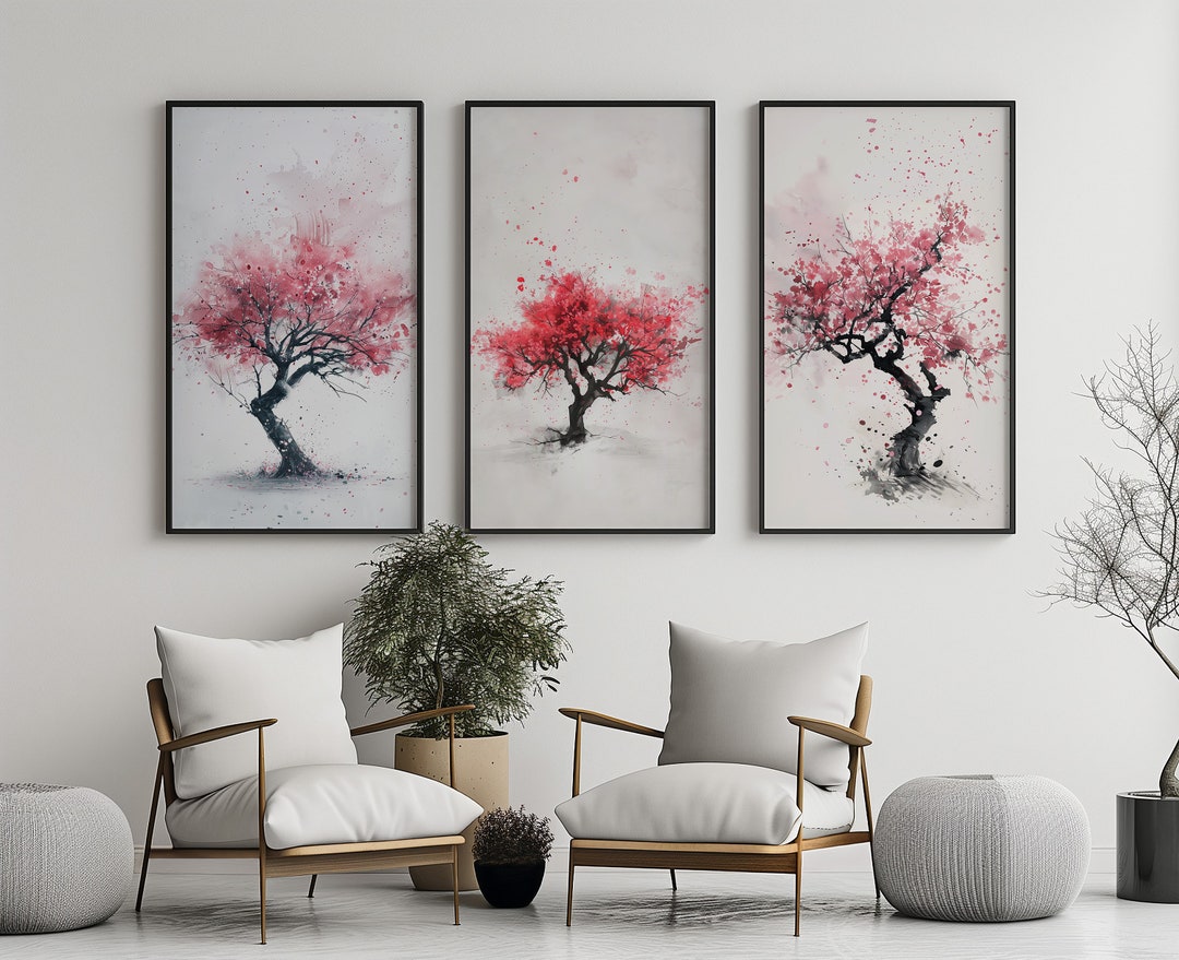 Set of 3 Blossoming Cherry Trees - Minimalist Ink Watercolor - Digital ...