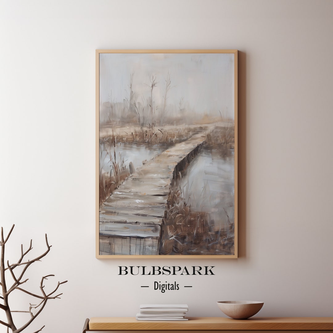 Bog Bridge Over the Pond | Vertical Wall Art | Minimalist Rustic Oil ...