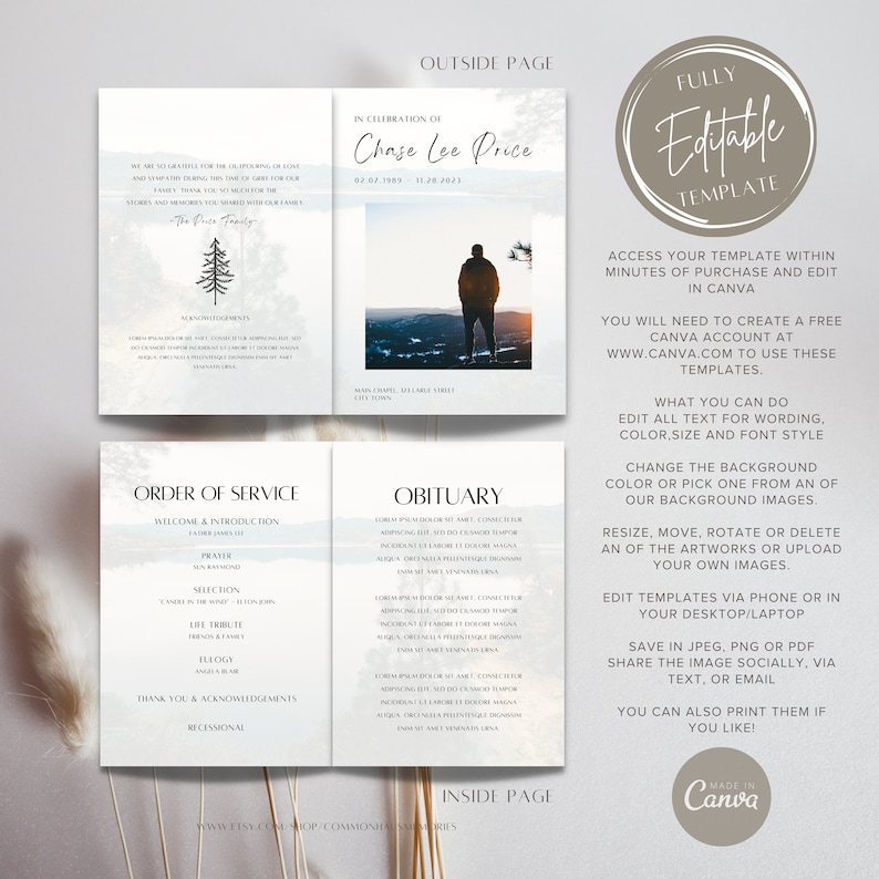 Editable Funeral Program Template: Celebration of Life (CANVA) - Etsy
