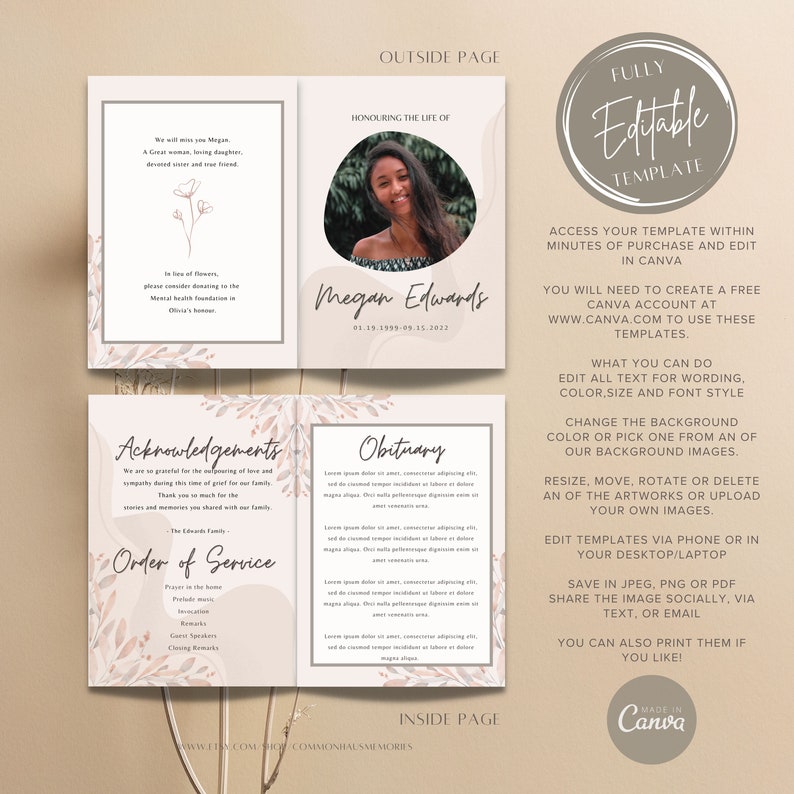 Boho Vibe Funeral Program Template, Template Celebrating the Life of ...