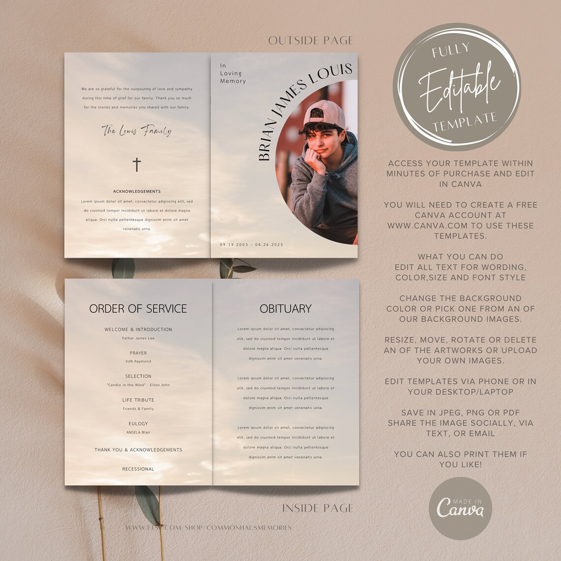 Editable Funeral Program Template, Template Celebrating the Life of ...