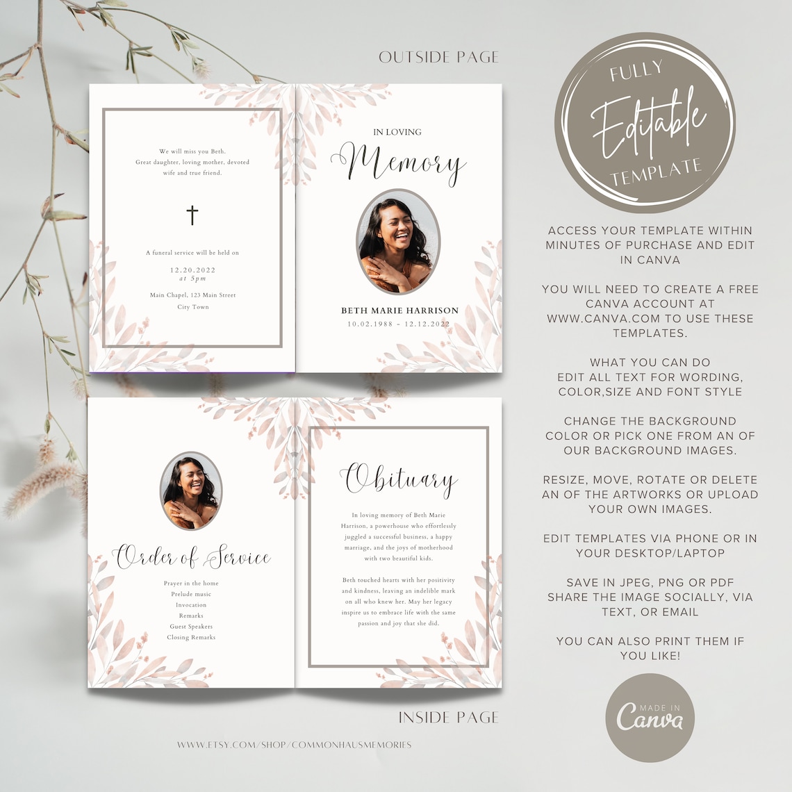 Elegant Funeral Program Template | Celebration of Life Program ...