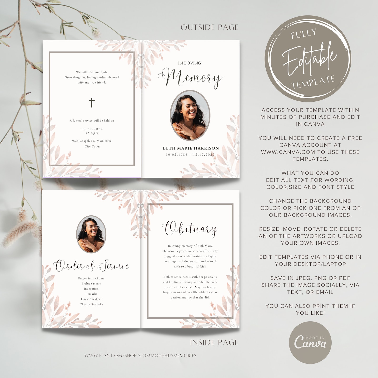 Elegant Funeral Program Template | Celebration of Life Program ...