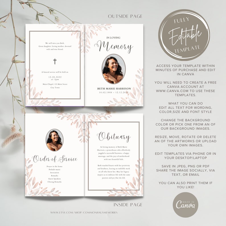 Elegant Funeral Program Template | Celebration of Life Program ...