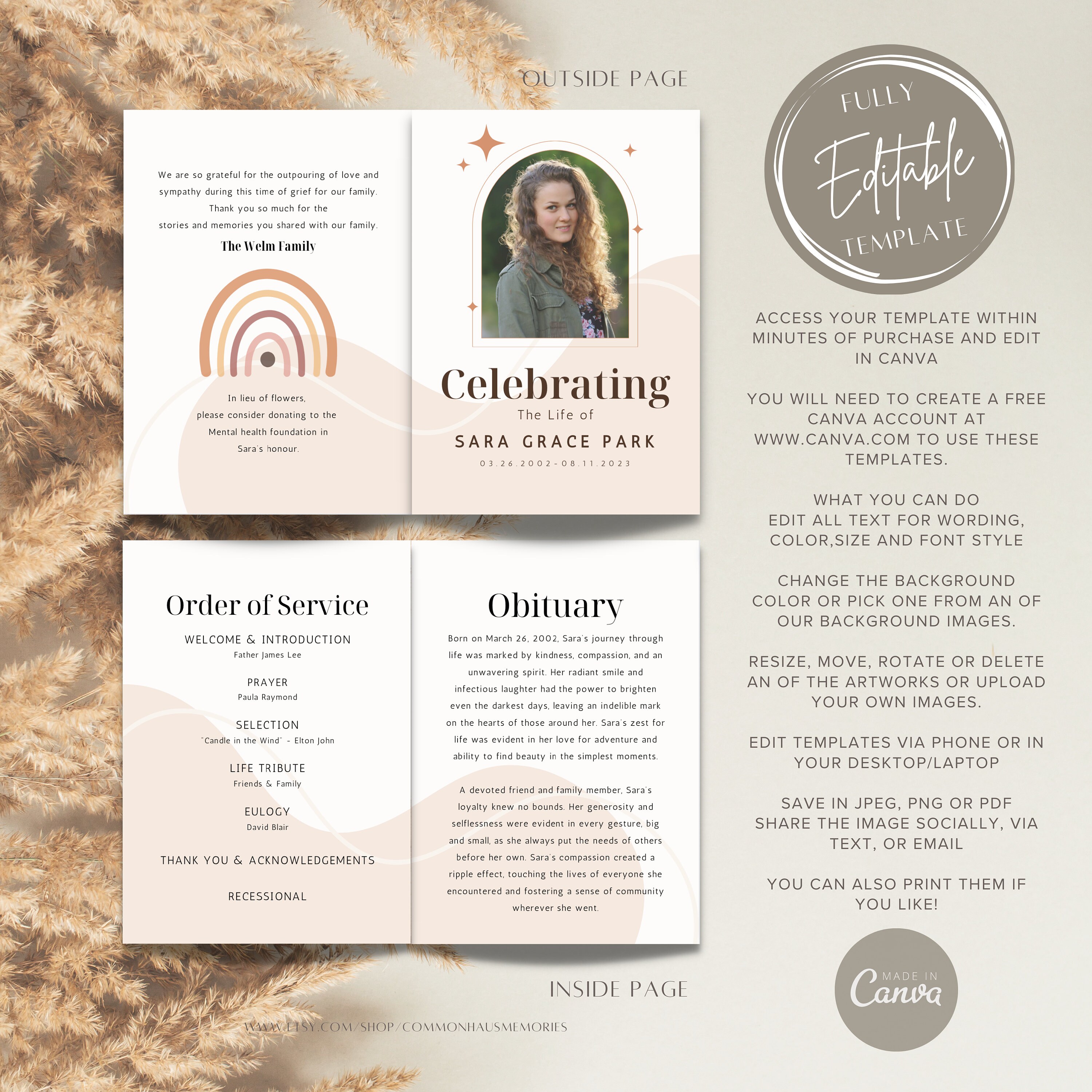 Scandinavian Editable Funeral Program Template, Template Celebrating ...