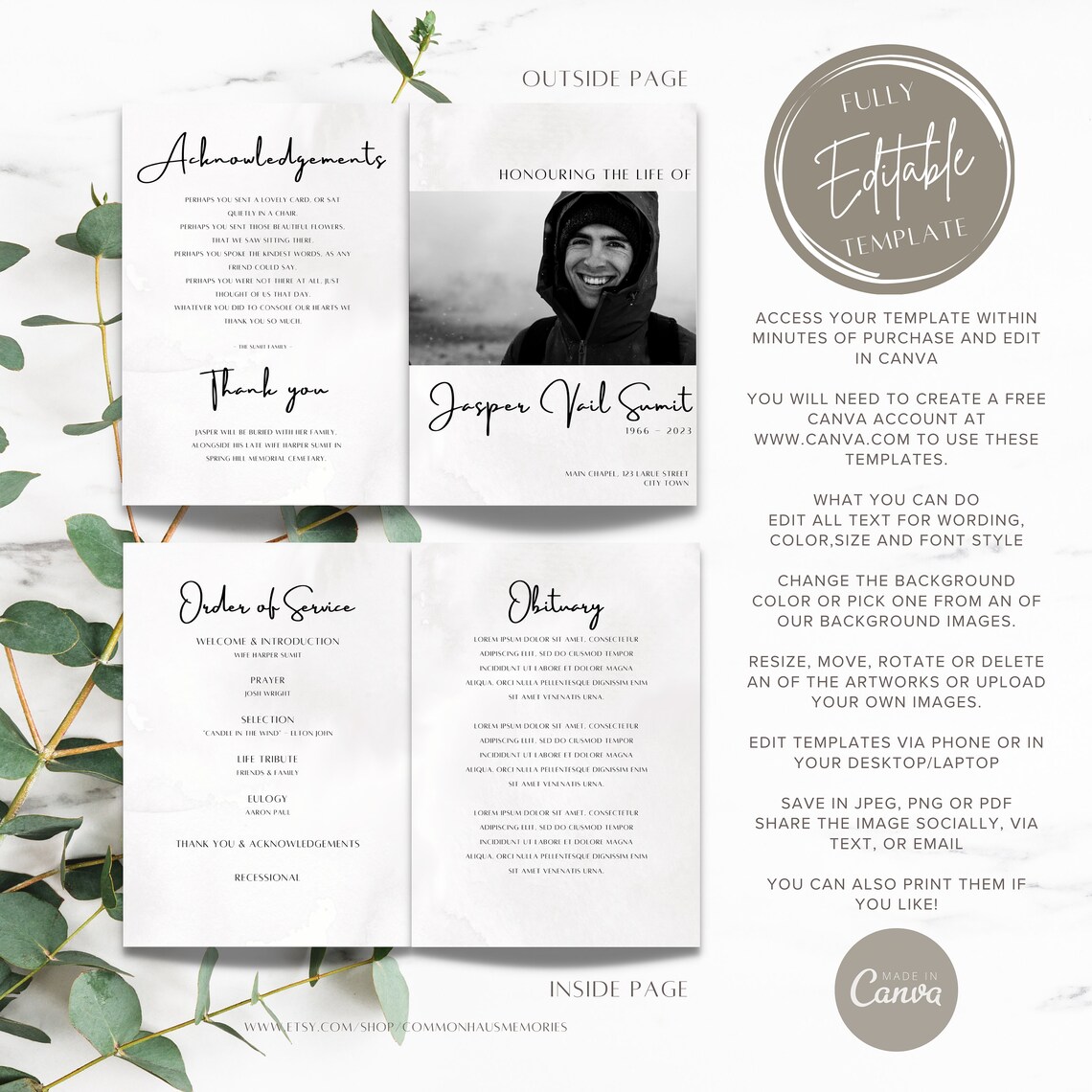 Editable Funeral Program Template, Template Celebrating the Life of ...