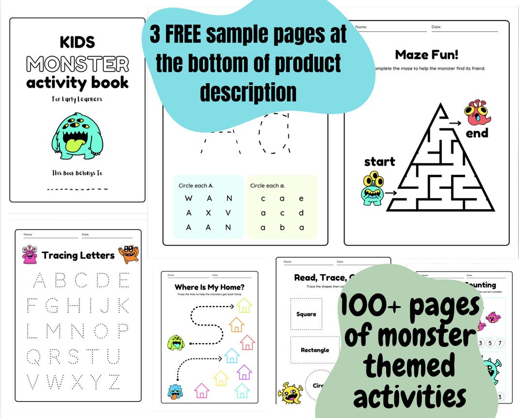 100 Monster-themed Alphabet & Number Activity Pages, Fun Preschool and ...