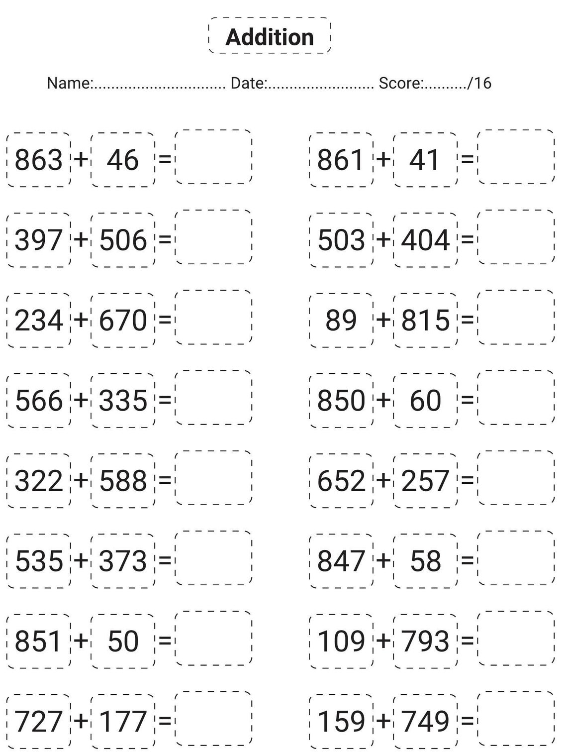 Math Drill Addition Worksheets, Printable, Numbers 1-999, 65 Pages of ...
