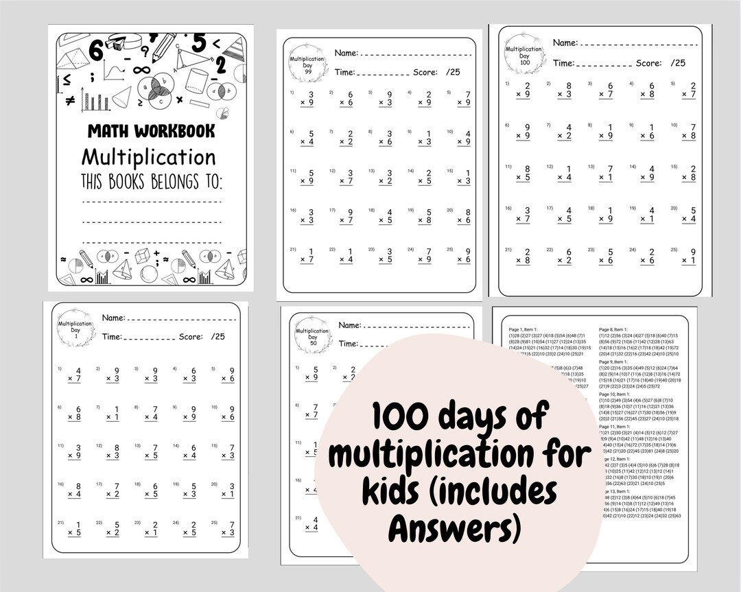 100 Day Multiplication Workbook for Kids, Digital Download, Digits 1-9 ...