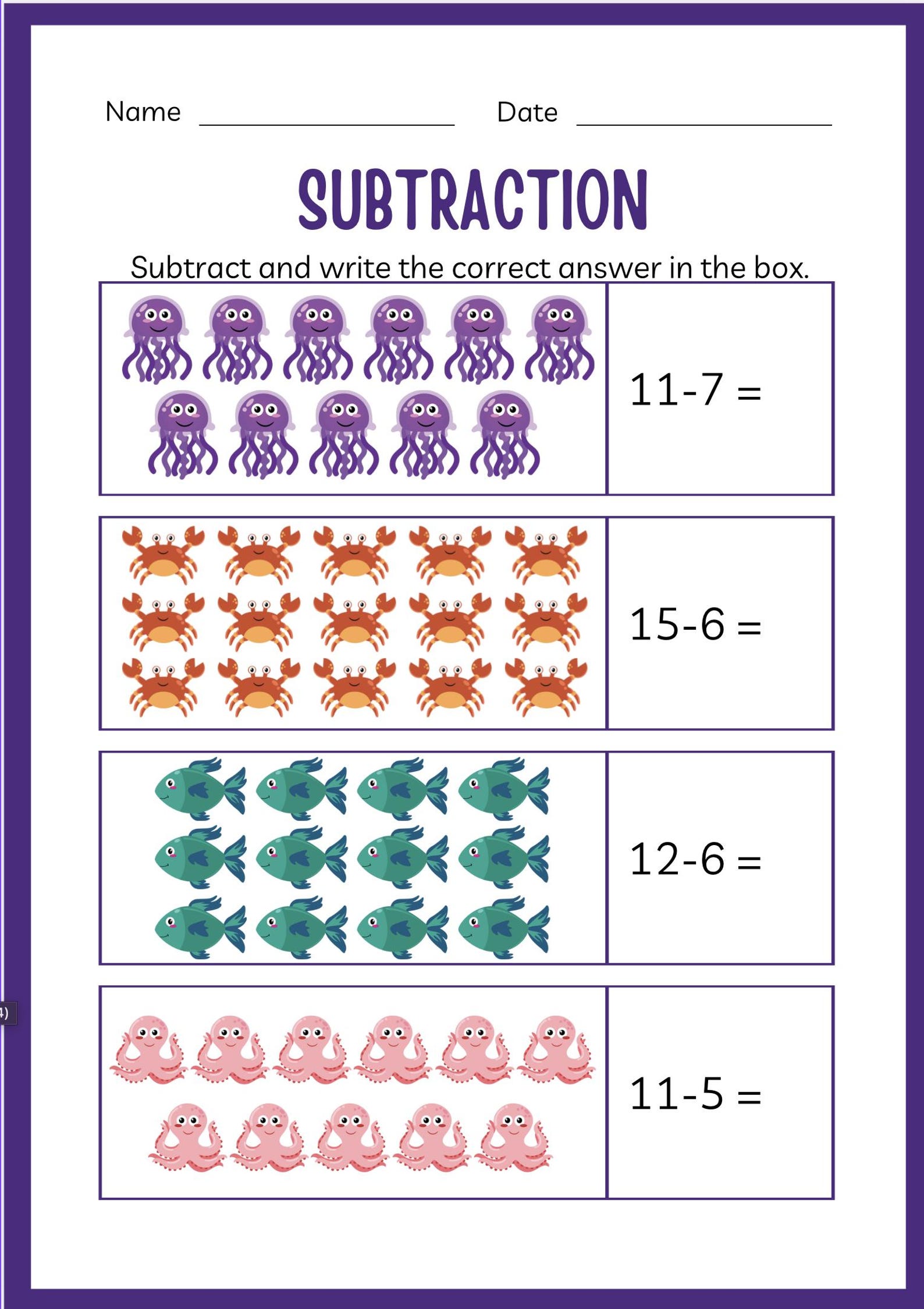 Fun Subtraction Worksheet: Colorful Pictures, Easy Learning Printable ...