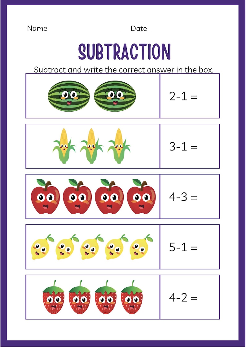 Fun Subtraction Worksheet: Colorful Pictures, Easy Learning Printable ...