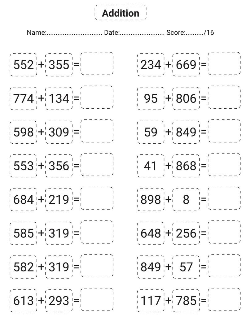 Math Drill Addition Worksheets, Printable, Numbers 1-999, 65 Pages of ...