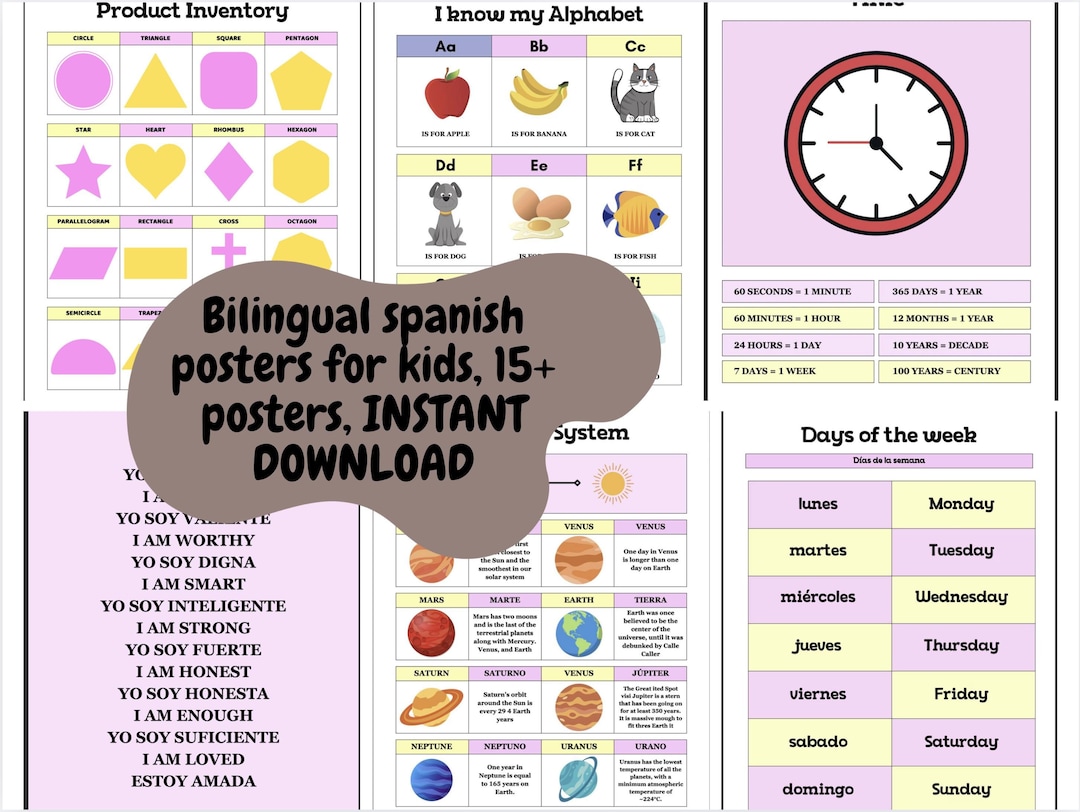 Bilingual Spanish & English Kids Posters, Learning Bundle: 15+ Posters ...