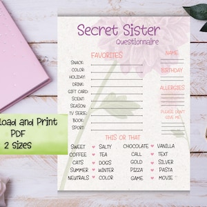 Secret Sister Questionnaire Template | Editable Secret Sister Questionnaire | Girls Camp Secret ...