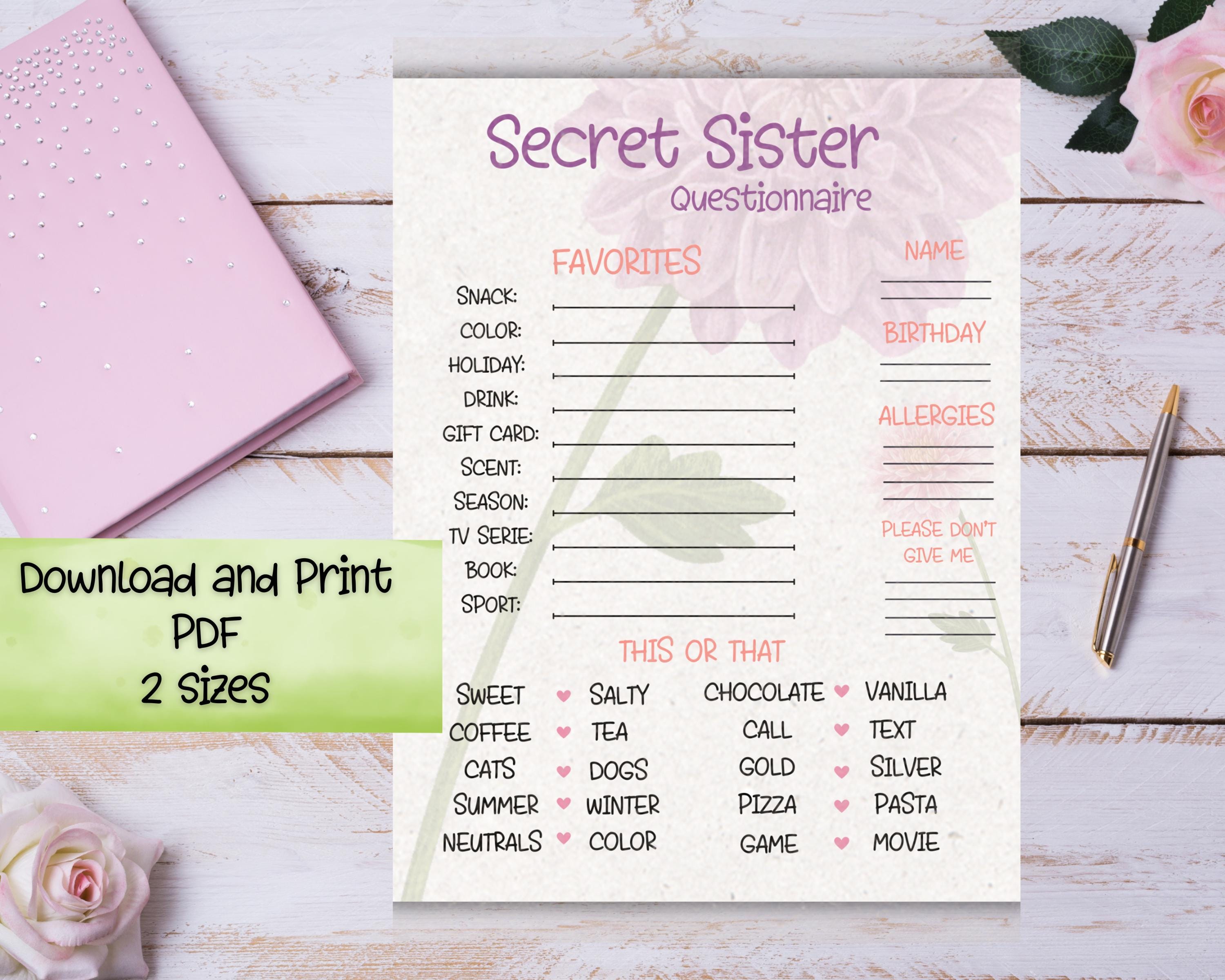 Secret Sister Questionnaire Template | Editable Secret Sister ...