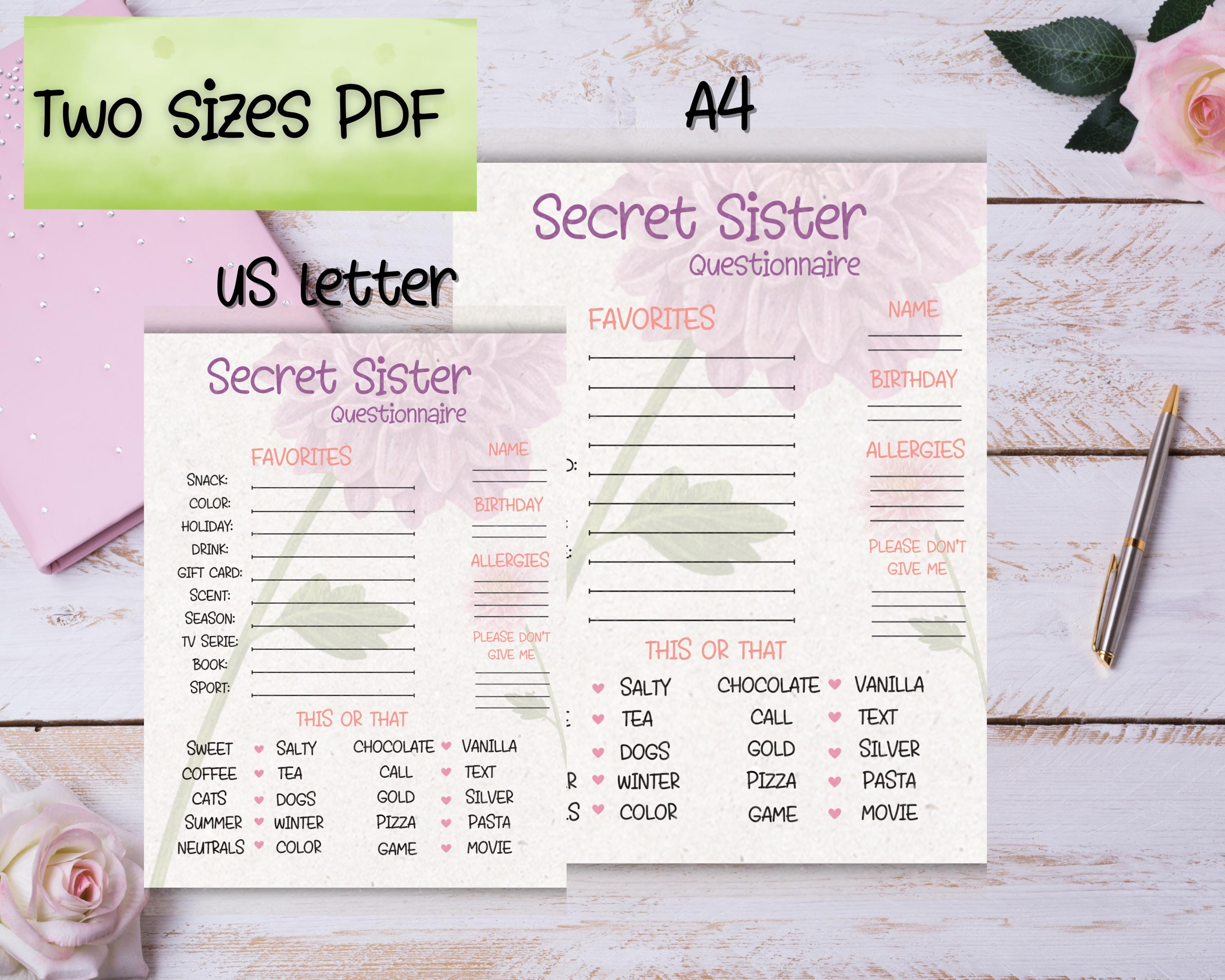 Secret Sister Questionnaire Template | Editable Secret Sister ...