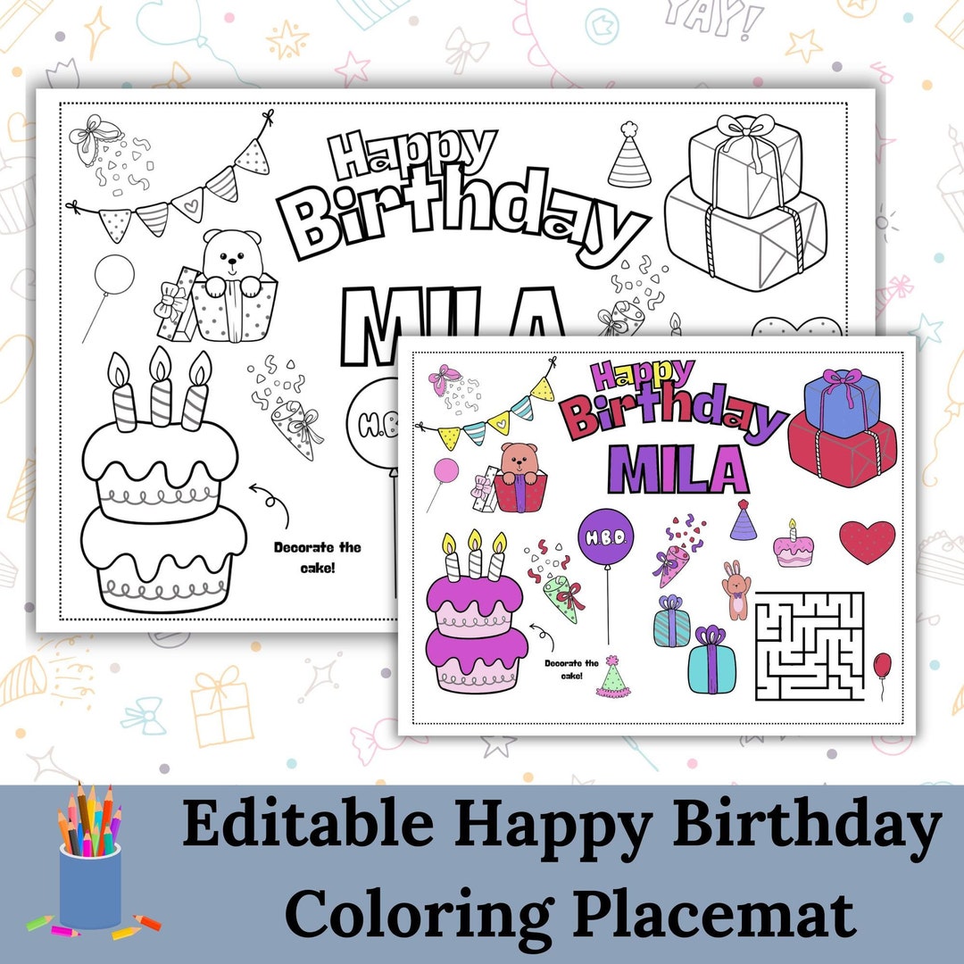 Customizable Kids Coloring Placemat - Printable Activity Sheet | Kids ...