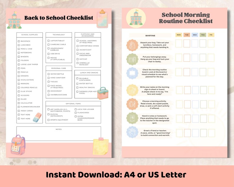 Ready for School Checklist, Printable Kids Routine Chart, Morning Tasks ...