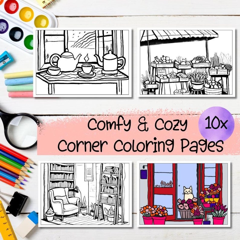 Comfy Cozy Corner Coloring Pages Stress Relief Hygge Coloring Bold and ...