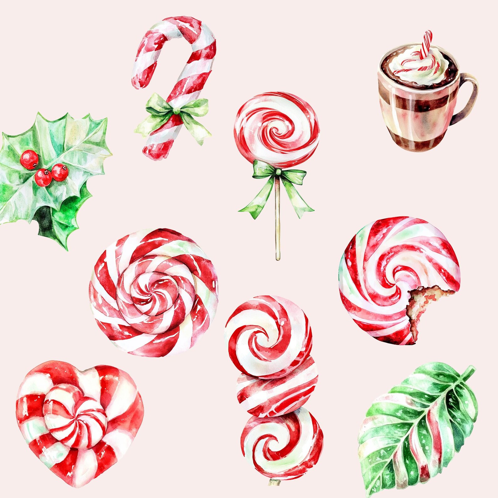 Peppermint Watercolor Clipart Peppermint Christmas Clipart Candy Cane ...