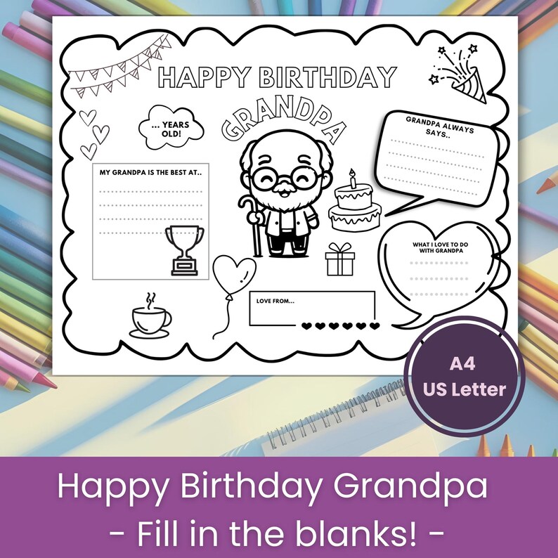 Diy Birthday Card Grandpa | Kids Coloring Page | Printable Grandfather ...