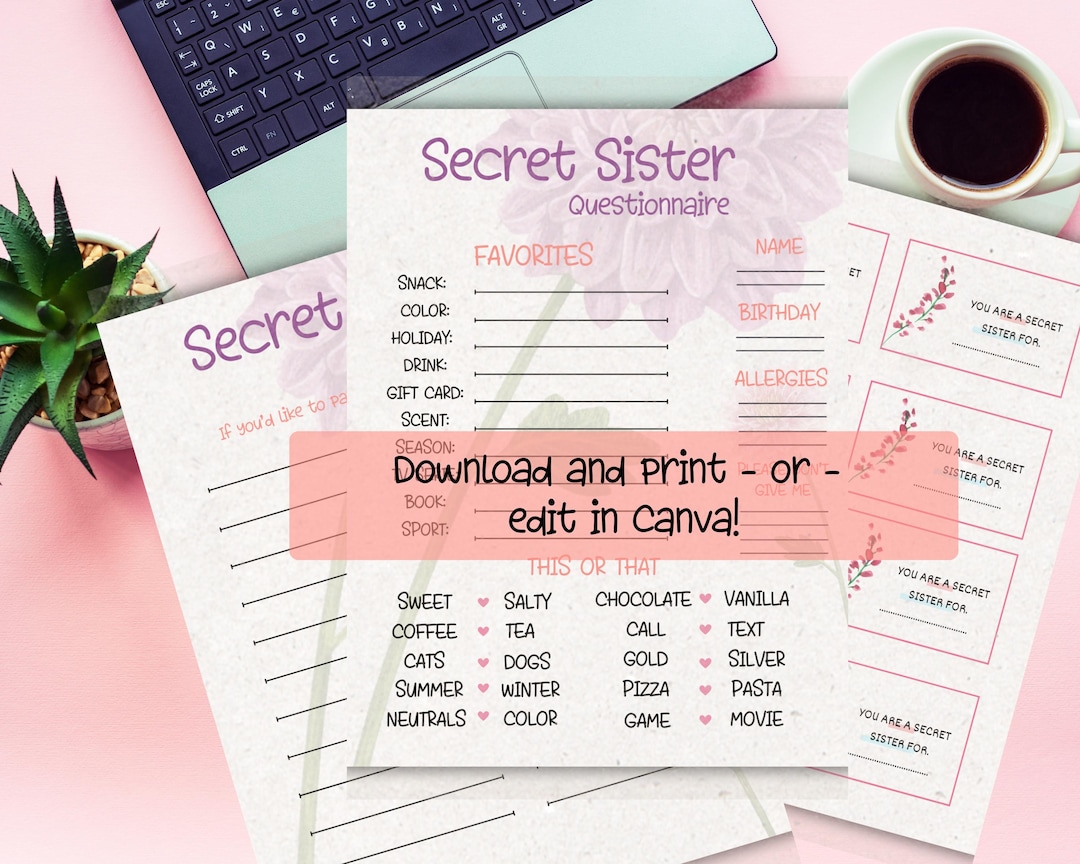 Secret Sister Questionnaire Template | Editable Secret Sister ...
