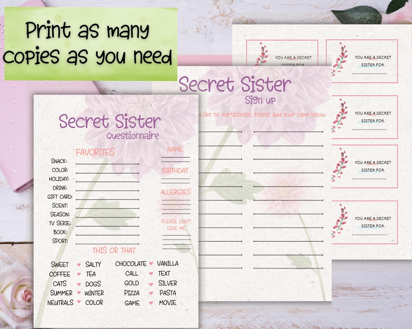 Secret Sister Questionnaire Template | Editable Secret Sister ...