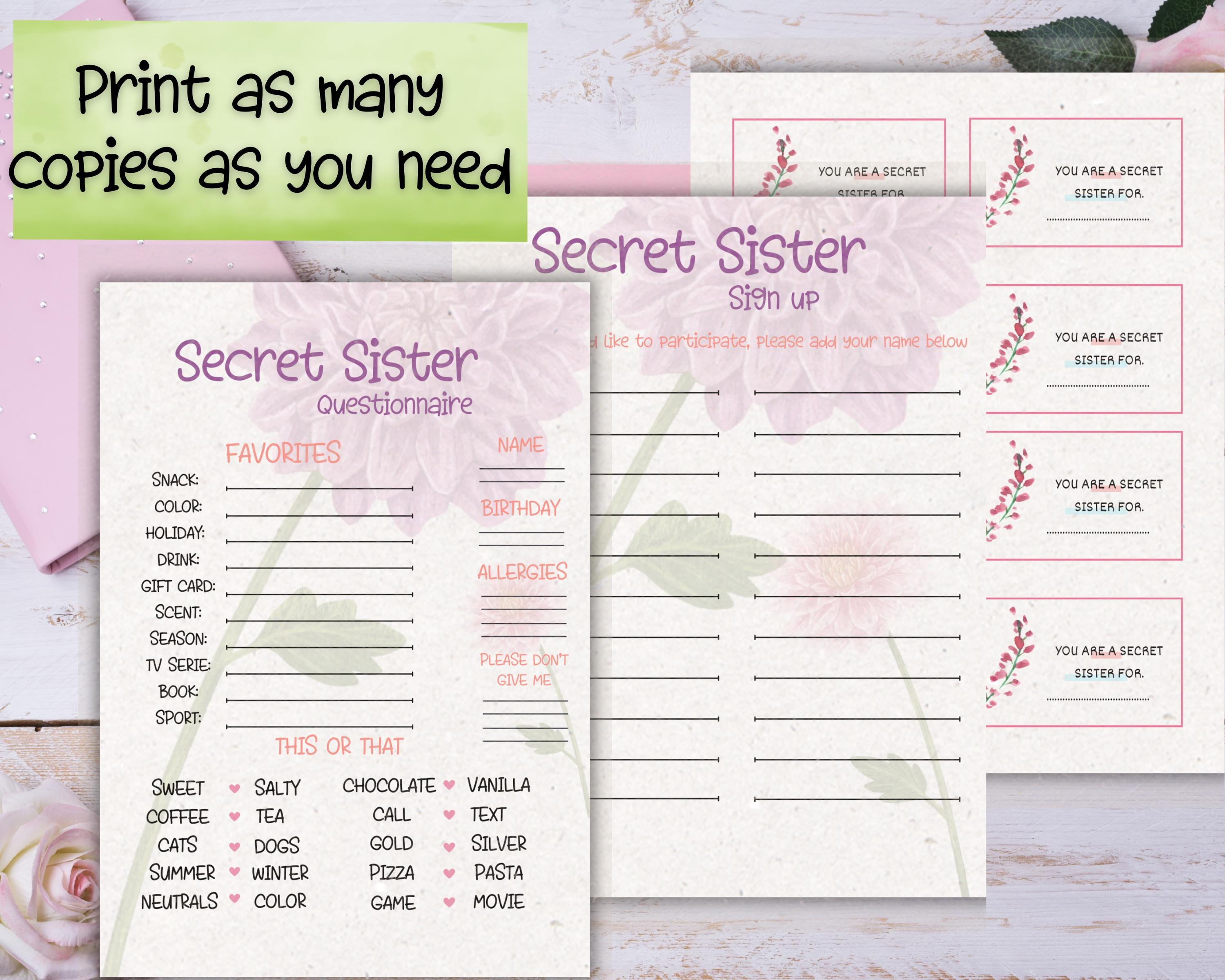 Secret Sister Questionnaire Template | Editable Secret Sister ...