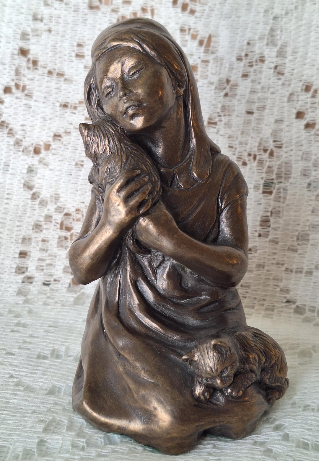 Vintage Menton Manor Cold Cast Bronze Figurine: Girl With Kittens - Etsy