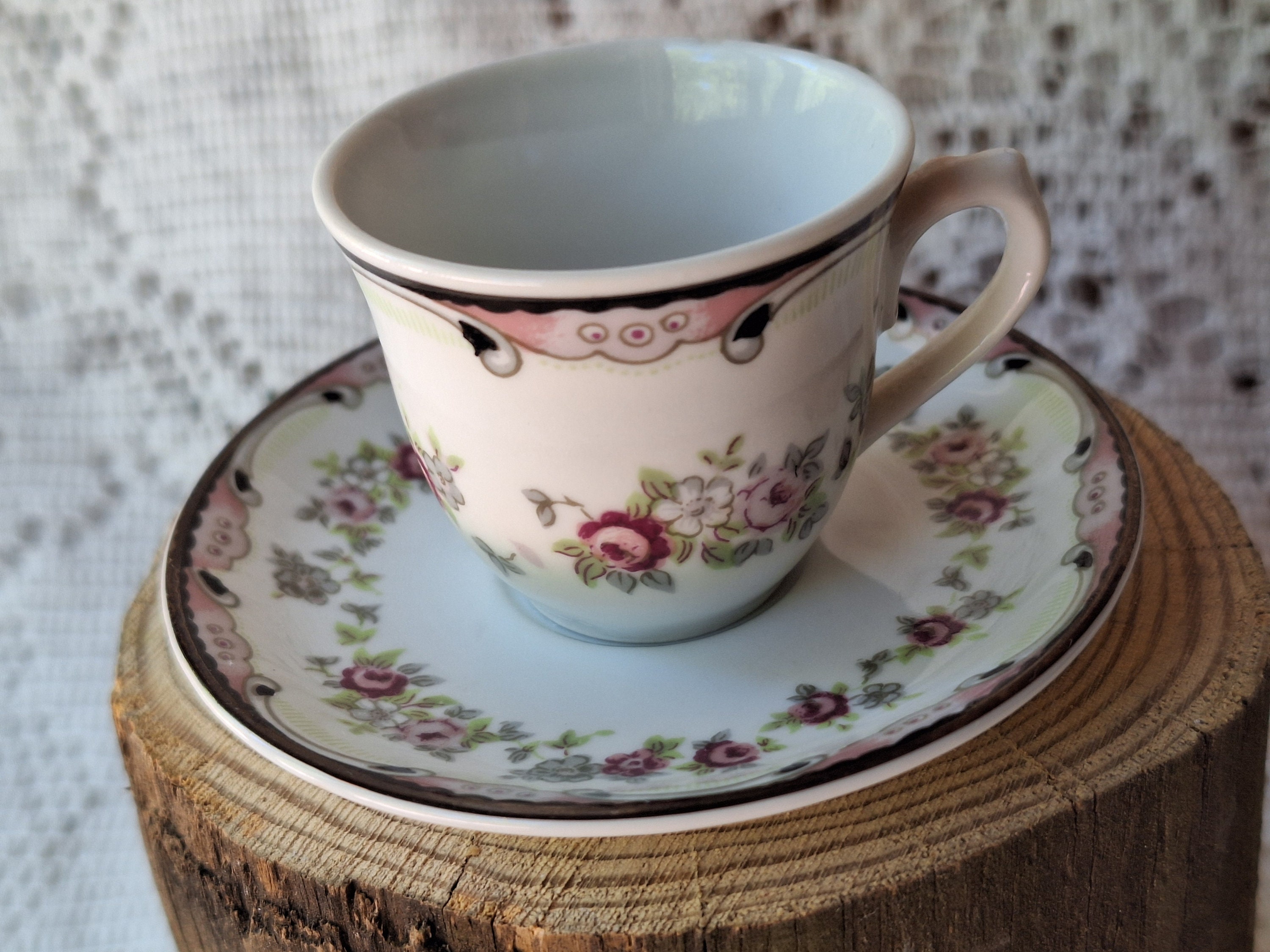 Vintage Leart, Miniature Cup and Saucer, With Pink Roses, and Black ...