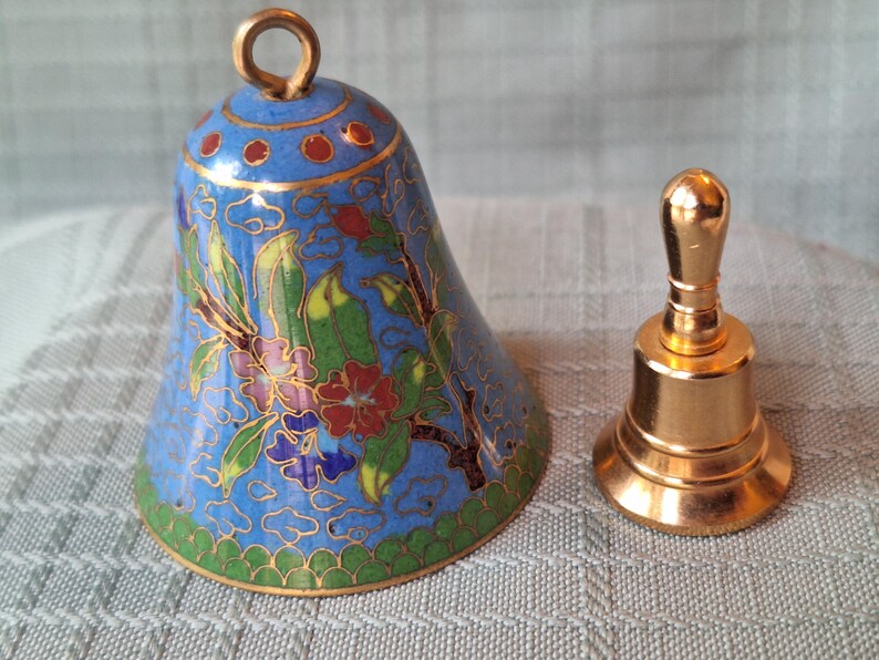 Vintage Cloisonné Bell Set: Blue Enamel Floral Brass Bell - Etsy