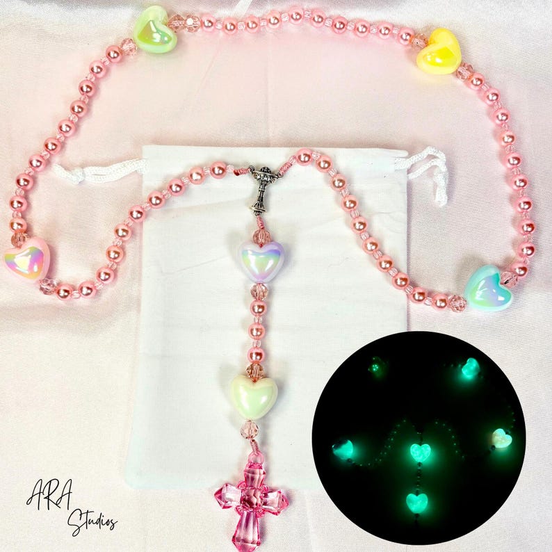 Purple Glow Heart Rosary for Girls, Personalized Handmade Catholic ...